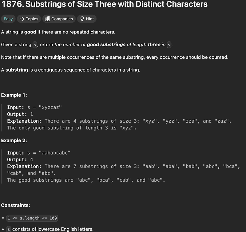 [Leetcode/Sliding Window] 1876. Substrings of Size Three with Distinct Characters