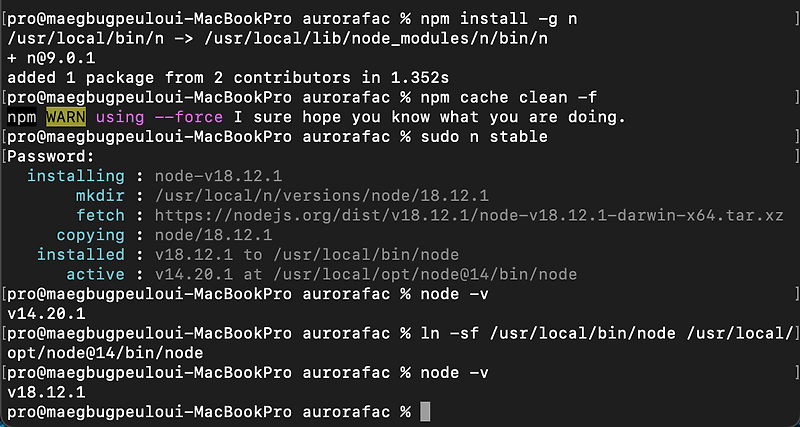[error] node.js 최신stable버전 설치및 installed된 노드 위치와 active된 노드의 위치다른경우