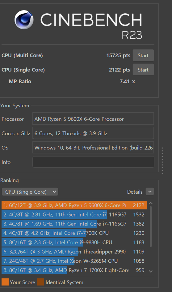 amd 9600x 시네벤치 r23 결과 cinebench