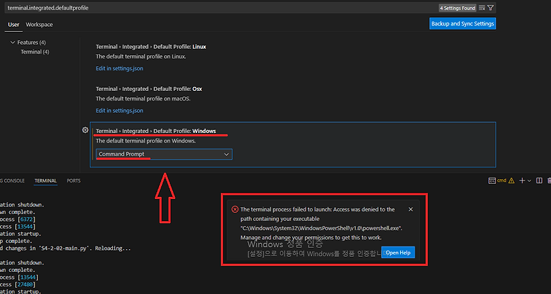 VSC - The terminal process failed to launch: Access was denied to the path