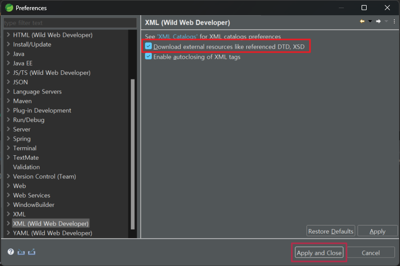 이클립스 xml 오류 (downloading-external-resources-is-disabled)