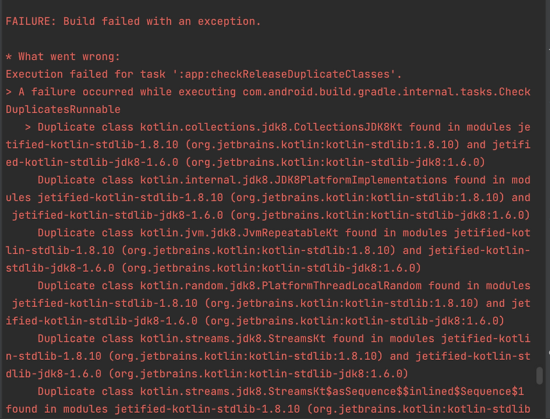 flutter android배포시 build에러 : Duplicate class kotlin.collections.jdk8.CollectionsJDK8Kt found in ...