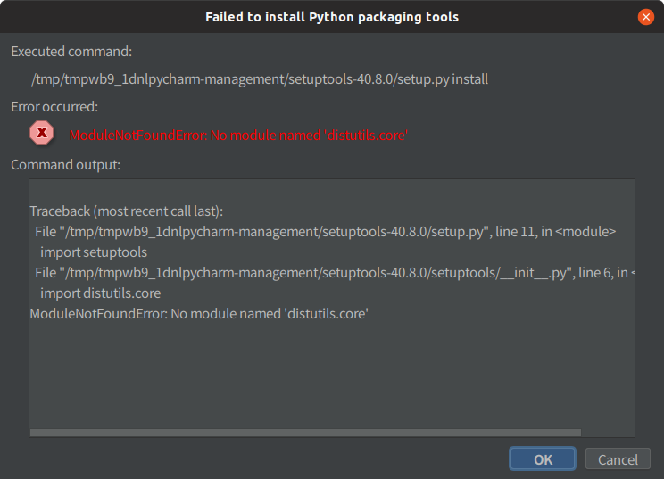우분투 PyCharm 설정 : ModuleNotFoundError 'distutils.core'