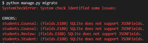 SQLite does not support JSONFields 에러 해결