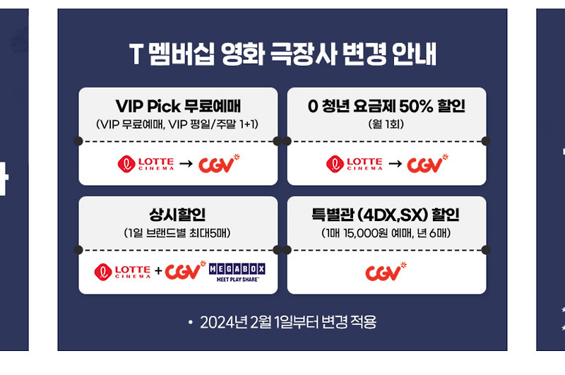 SKT T멤버십 영화관 혜택이 롯데시네마 -> CGV 로 변경
