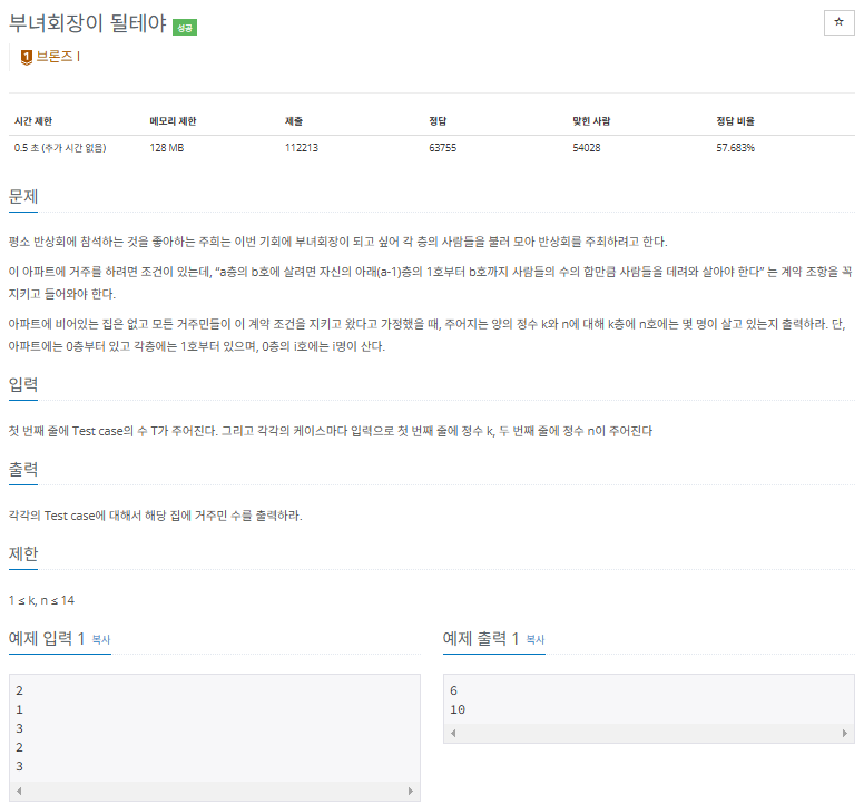 백준[자바/JAVA] - 2775, 부녀회장이 될테야