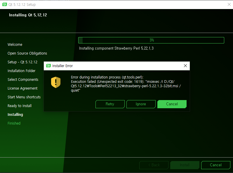 QT 설치 중 오류(Error during installation process (qt.tools.perl)