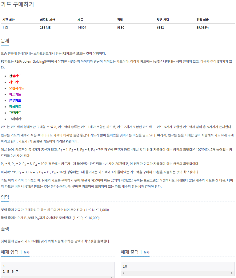 [java] 백준/11052 카드구매하기