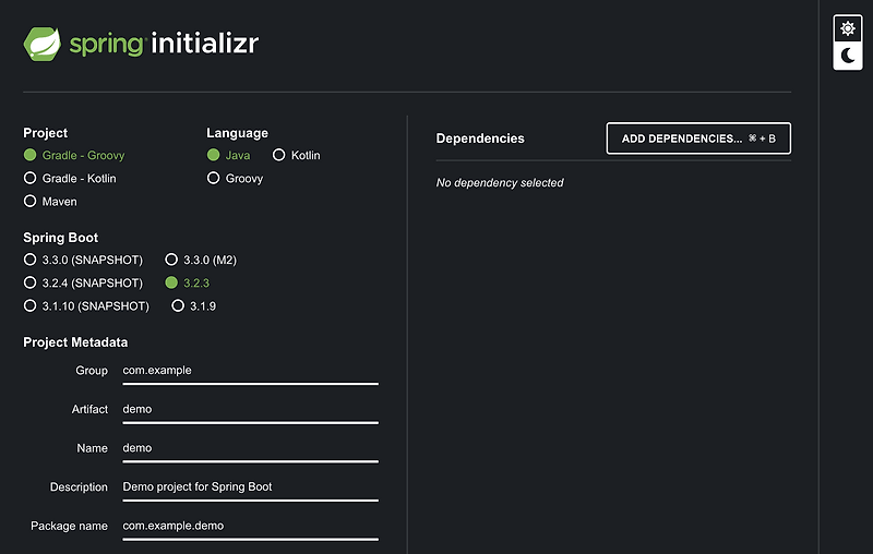 [IntelliJ] spring initializr 웹 페이지를 이용하여 프로젝트 생성