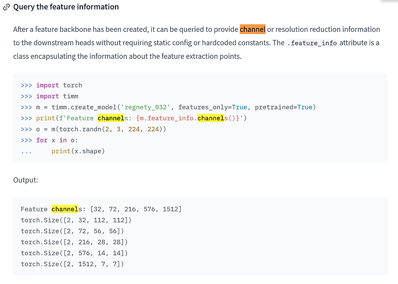 timm 모델 피쳐맵 채널 사이즈 반환 방법