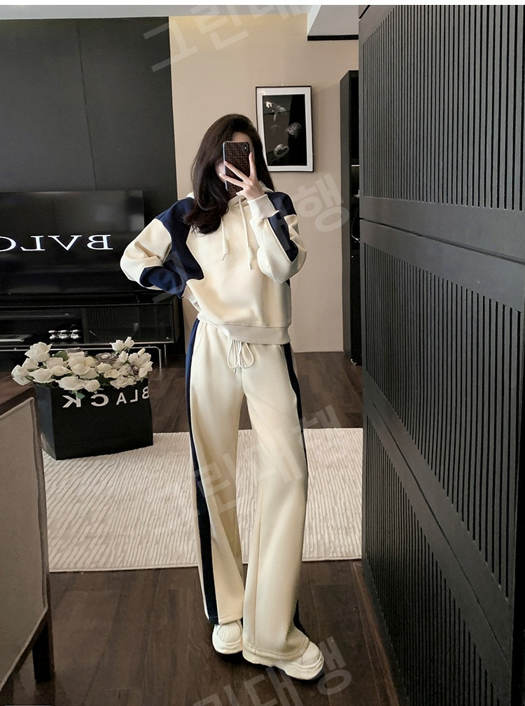 화이트 패션 세트 믿을 수 없을 만큼 스타일리시한 후드 캐주얼 슬림 해 와이드 롱 팬츠 맨투맨 투피스 세트