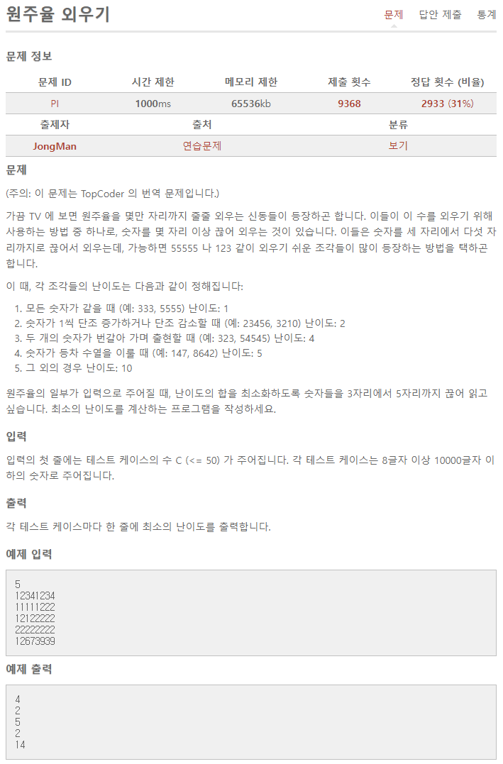 [종만북] PI - 원주율 외우기 (자바 java) - Nahwasa