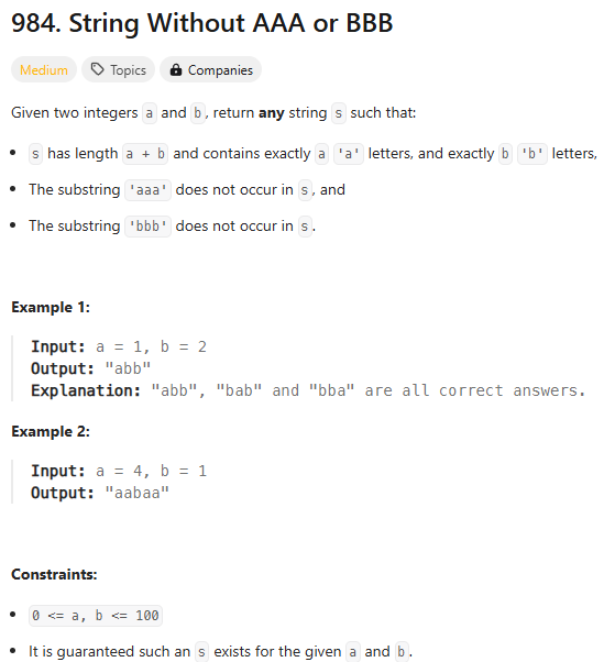 [Leetcode]984. String Without AAA or BBB