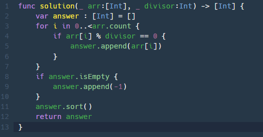 코딩테스트 Level.1 나누어 떨어지는 숫자 Swift