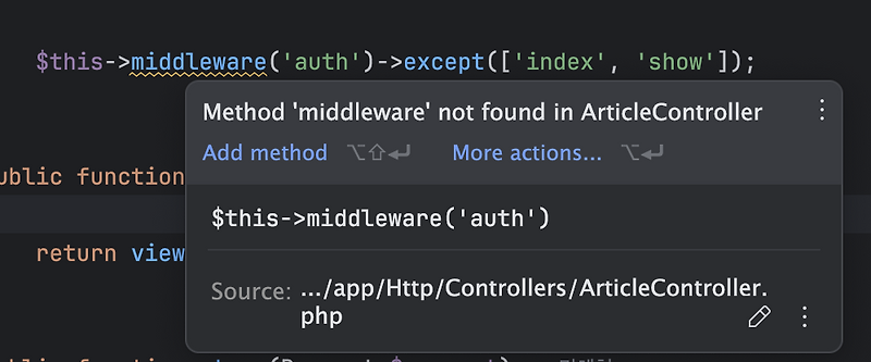 [Laravel 11] controller 개별 middleware 적용 에러 :: 토리로그