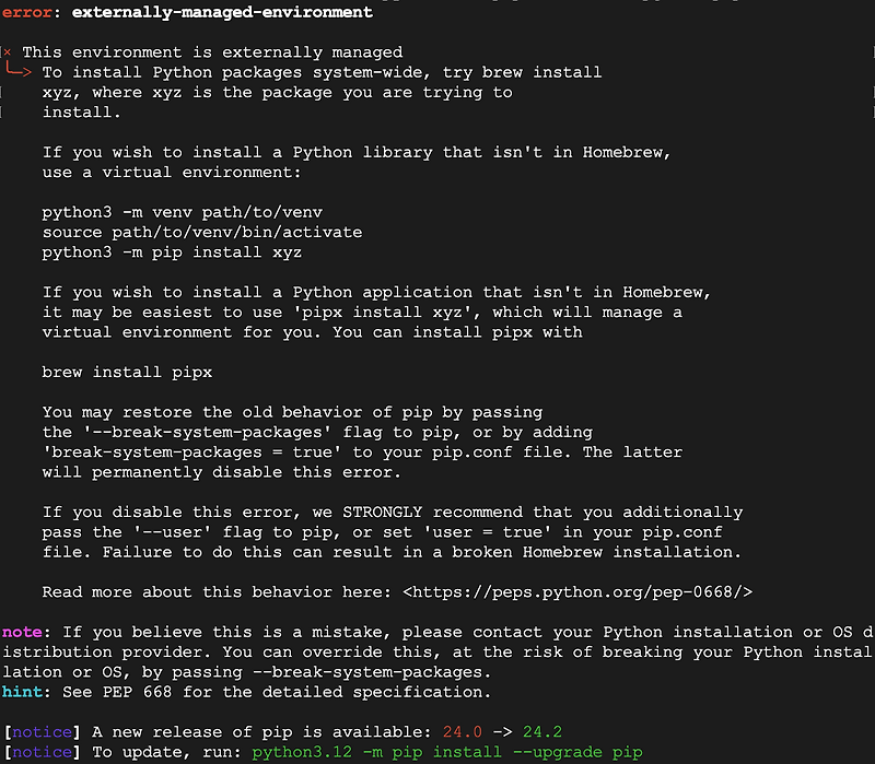 macOS에서 pip3 사용 시 externally-managed-environment를 만났을때 대응 방법