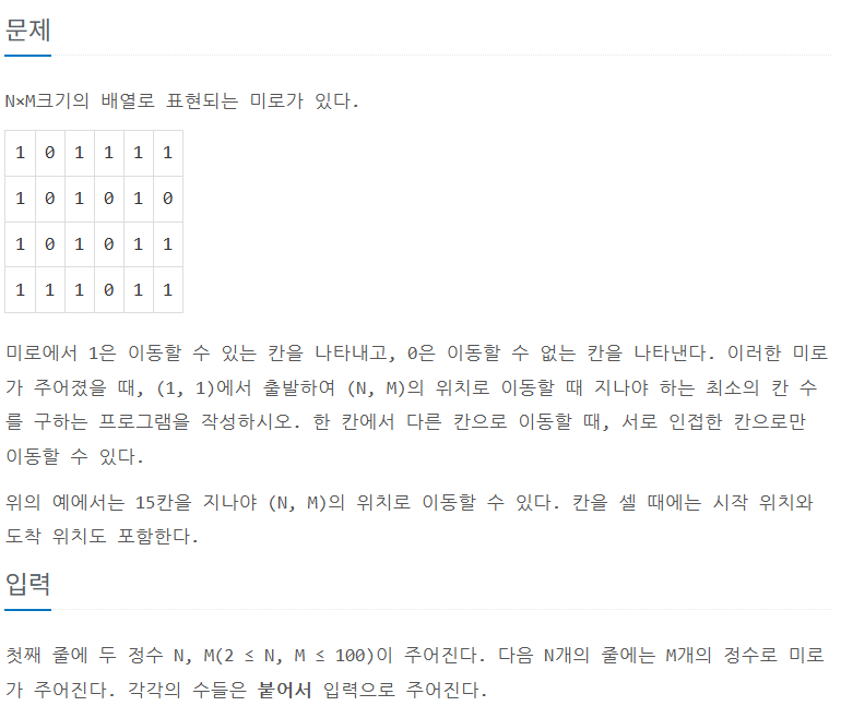 [백준] 2178번: 미로 탐색 with BFS (JAVA)