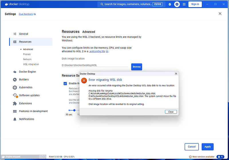 [Docker Desktop] Error migrating WSL disk :: 뇌님의 관심사