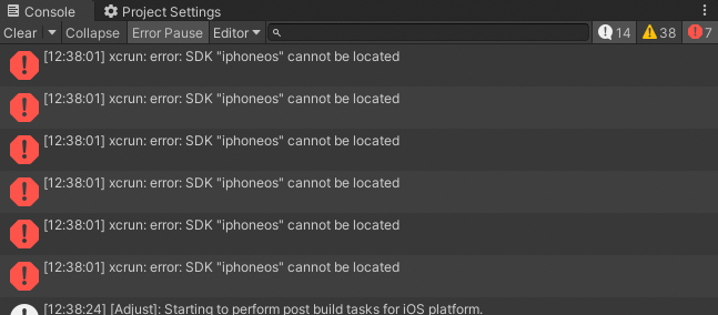 유니티 빌드 오류 xcrun: error: SDK "iphoneos" cannot be located.