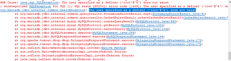 The user specified as a definer ('root'@'%') does not exist 오류 해결하기