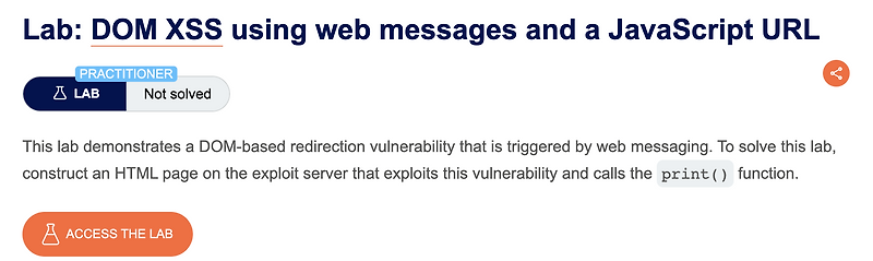 Portswigger - DOM XSS using web messages and a JavaScript URL solution