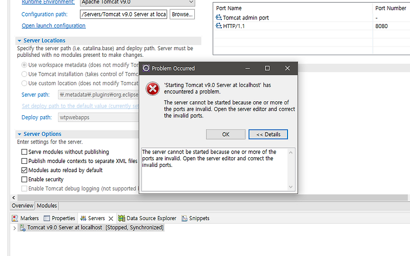 톰캣 에러 조치방법(The server cannot be started because one or more of the ...
