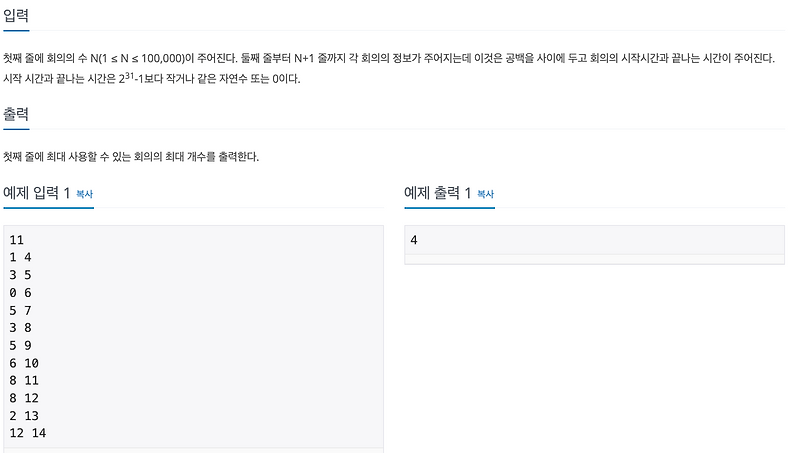 [백준] CLASS3 1931 회의실 배정 - JAVA [자바]