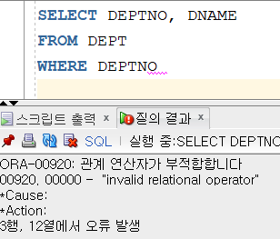 [Oracle - Error] ORA-00920: 관계 연산자가 부적합합니다 - "invalid relational operator"