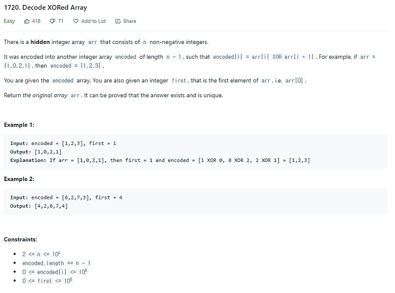 Leetcode 1720. Decode XORed Array