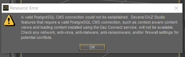 DAZ Studio 오류 PostgreSQL CMS Error 해결방법