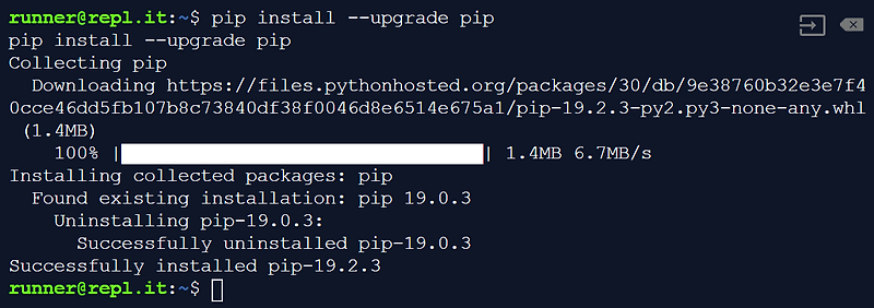 [오류해결] Repl.it 에서 패키지 다운시 pip install --upgrade pip 해결방법