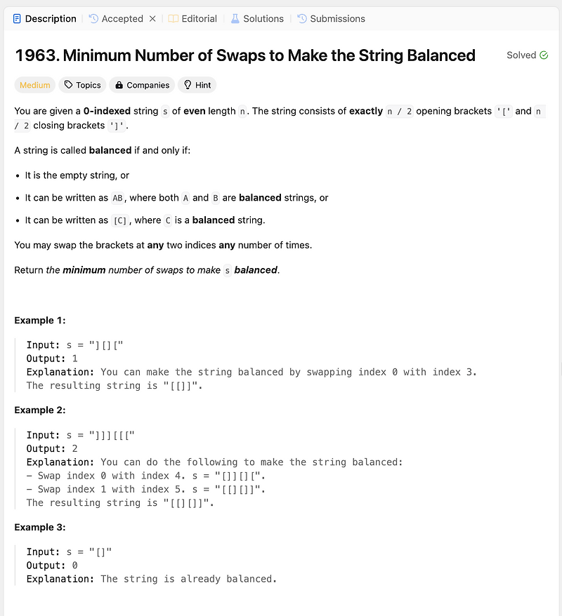 LeetCode (C/C++, Java) 1963. Minimum Number of Swaps to Make the String Balanced
