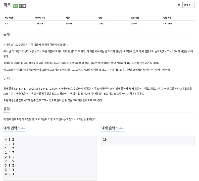 [백준] 1238 파티 -python 파이썬 — 하이원의 코딩 일기