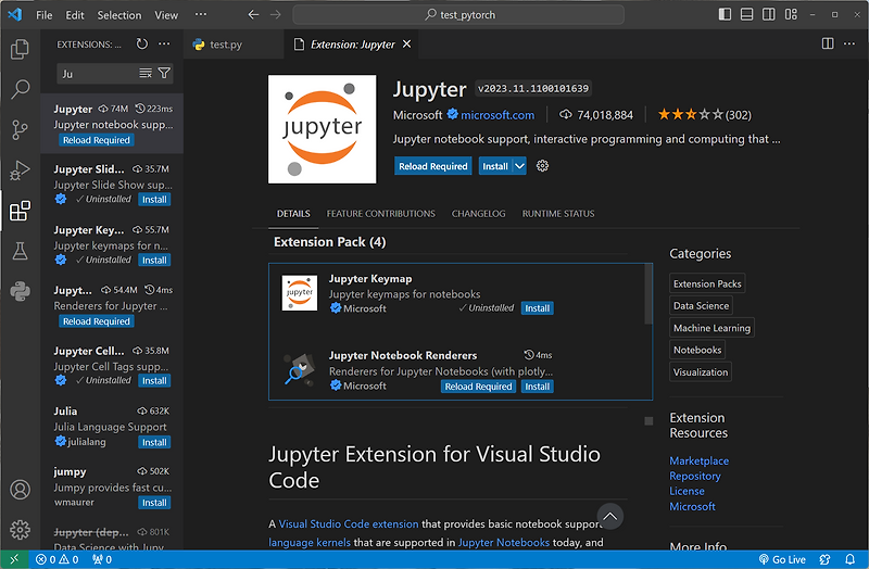 [Anaconda] Windows Pytorch 딥러닝 가상환경 구축_3(구축된 가상환경 VScode에서 주피터노트북으로 실행하기)