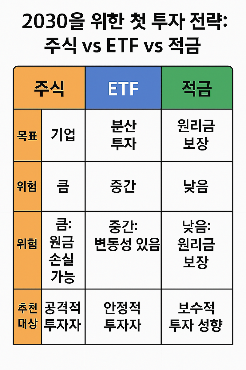 📈 2030을 위한 첫 투자 전략: 주식 vs ETF vs 적금 뭐가 좋을까?