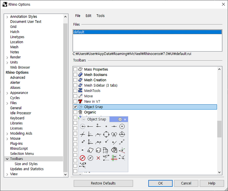 Object snap toolbar show/hide