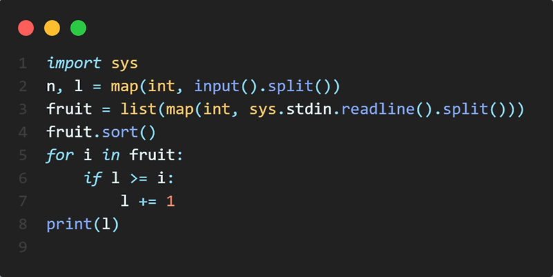 백준 알고리즘 16435 : 스네이크버드 ( python )