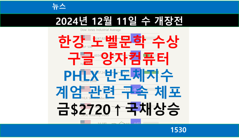 뉴스 개장전 요약, PHLX 반도체지수 하락, 계엄 관련자 구속 및 체포, 금 $2720 돌파, 국채 상승중