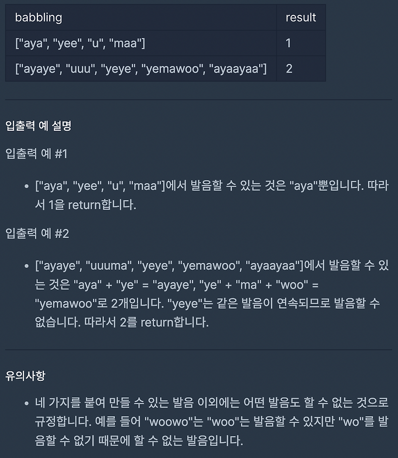Python 프로그래머스 코딩테스트 연습 Level1 옹알이2