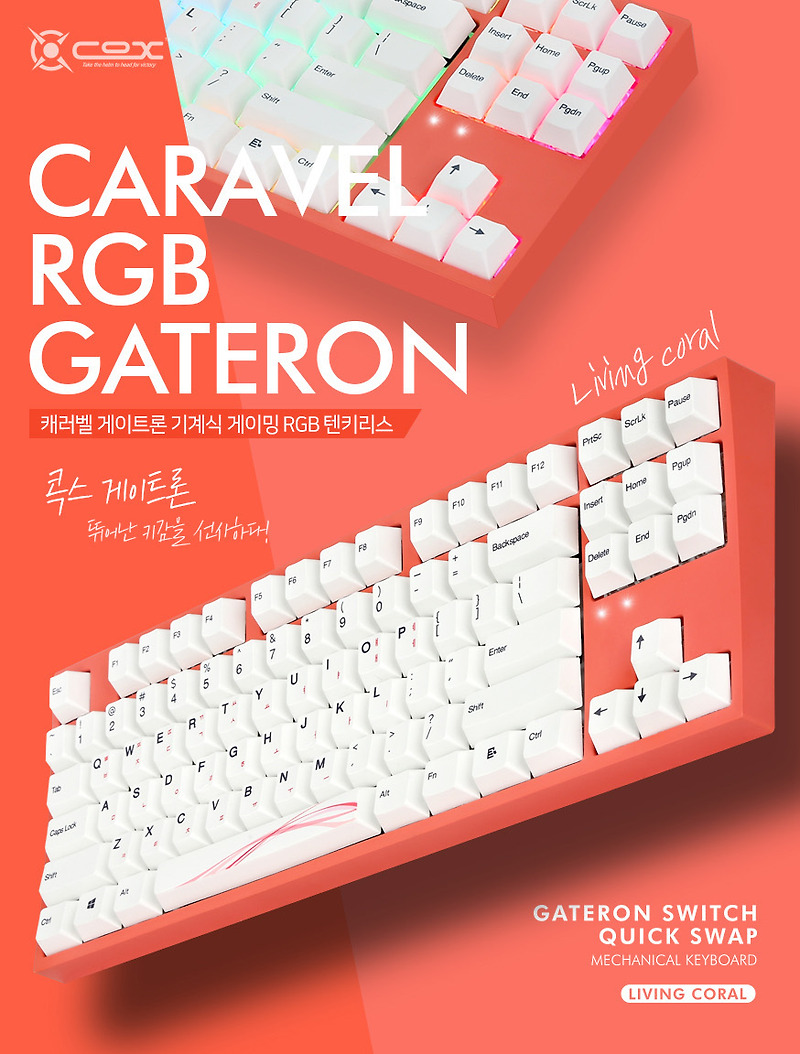 COX CARAVEL Gateron 교체 축 RGB 염색 서브리메이션 PBT 리빙 코랄 리뷰