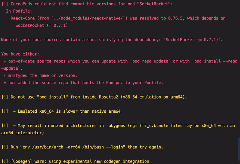 Cocoapods Could Not Find Compatible Versions For Pod Socketrocket In Podfile React Core