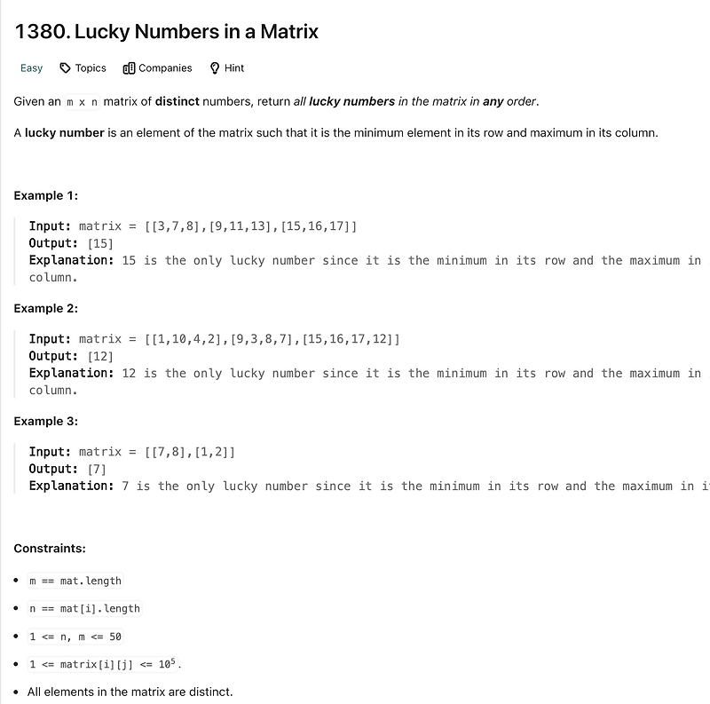 LeetCode [1380]: Lucky Numbers in a Matrix — 개발하는 장씨