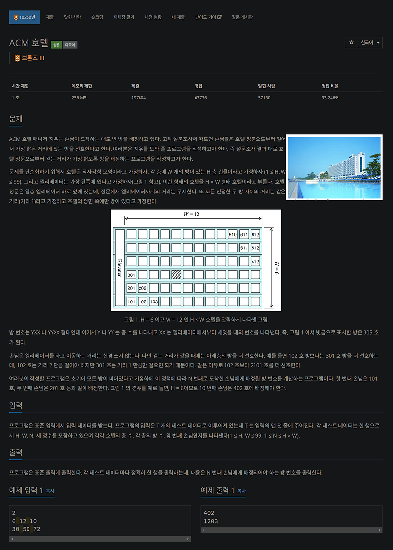 [Java] 백준 풀기 10250 - ACM 호텔