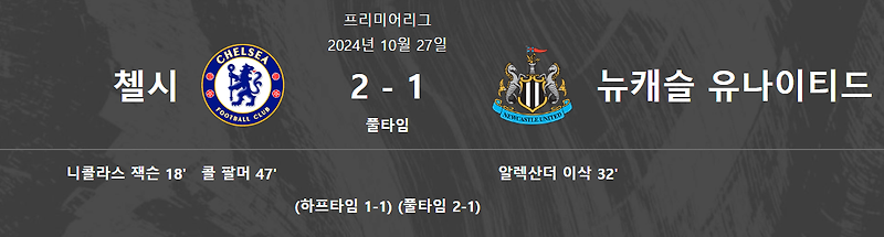 24-25시즌 10월27일 EPL 9라운드- 첼시 vs 뉴캐슬 결과.팀전적.선수기록.순위