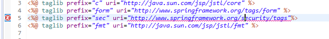 Can not find the tag library descriptor for "http://www.springframework.org/security/tags"
