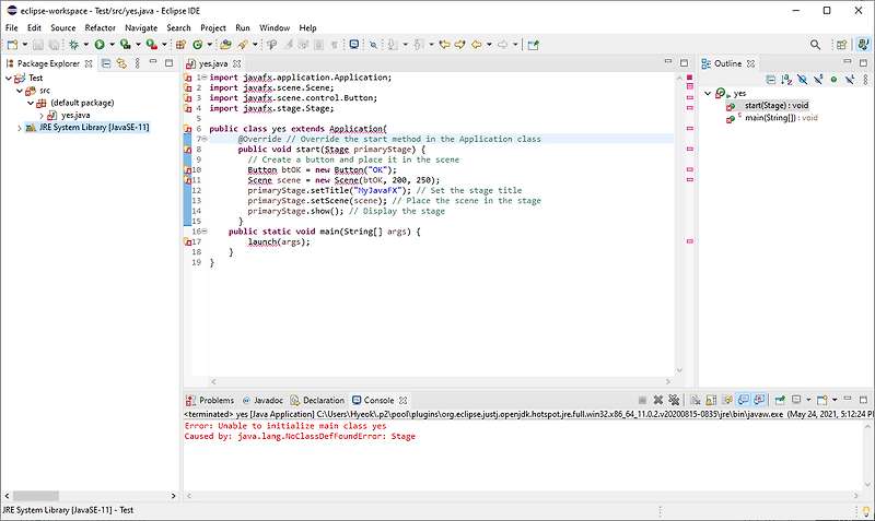 이클립스 JavaFX 실행 문제 (Caused by: java.lang.NoClassDefFoundError: Stage) :: 전자 노트