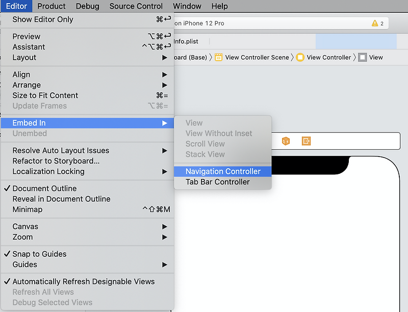 Storyboard 에서 UINavigation Controller 추가하기
