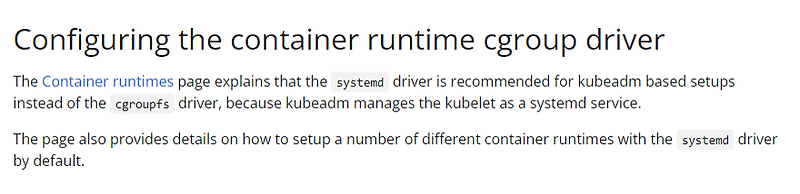 kubelet cgroup driver: "systemd" is different from docker cgroup driver: "cgroupfs" 오류 조치