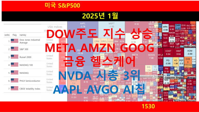 S&P500 월간 요약, DOW주도 지수 상승, META AMZN GOOG 금융 헬스케어 상승, NVDA 시총 3위, AAPL AVGO AI칩 관련주 하락