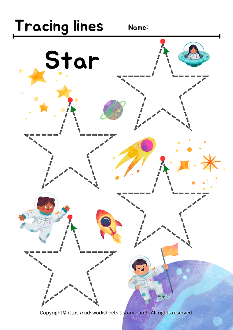 Star Shape Tracing worksheet 별 모양 따라그리기 선긋기 무료 도안
